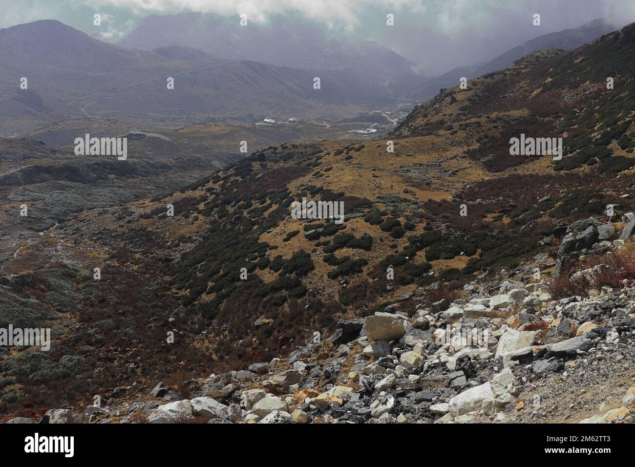 falling rock zone and alpine mountain landscape near doklam plateau in ...