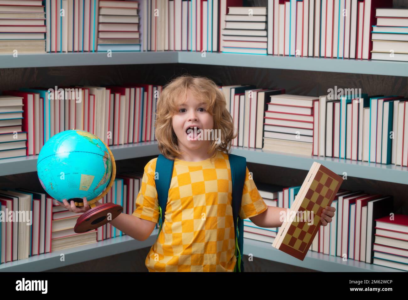 School boy with world globe and chess, childhood. Nerd pupil. Clever ...