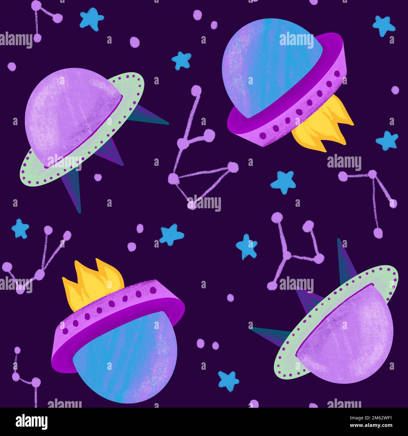 Hand drawn seamless pattern of outer space galaxy astronaut in purple ...