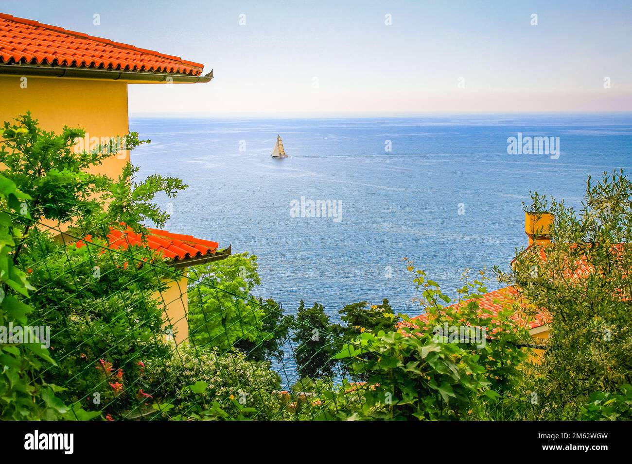Above Piran old town and lonely sailboat sailing, Slovenia riviera ...