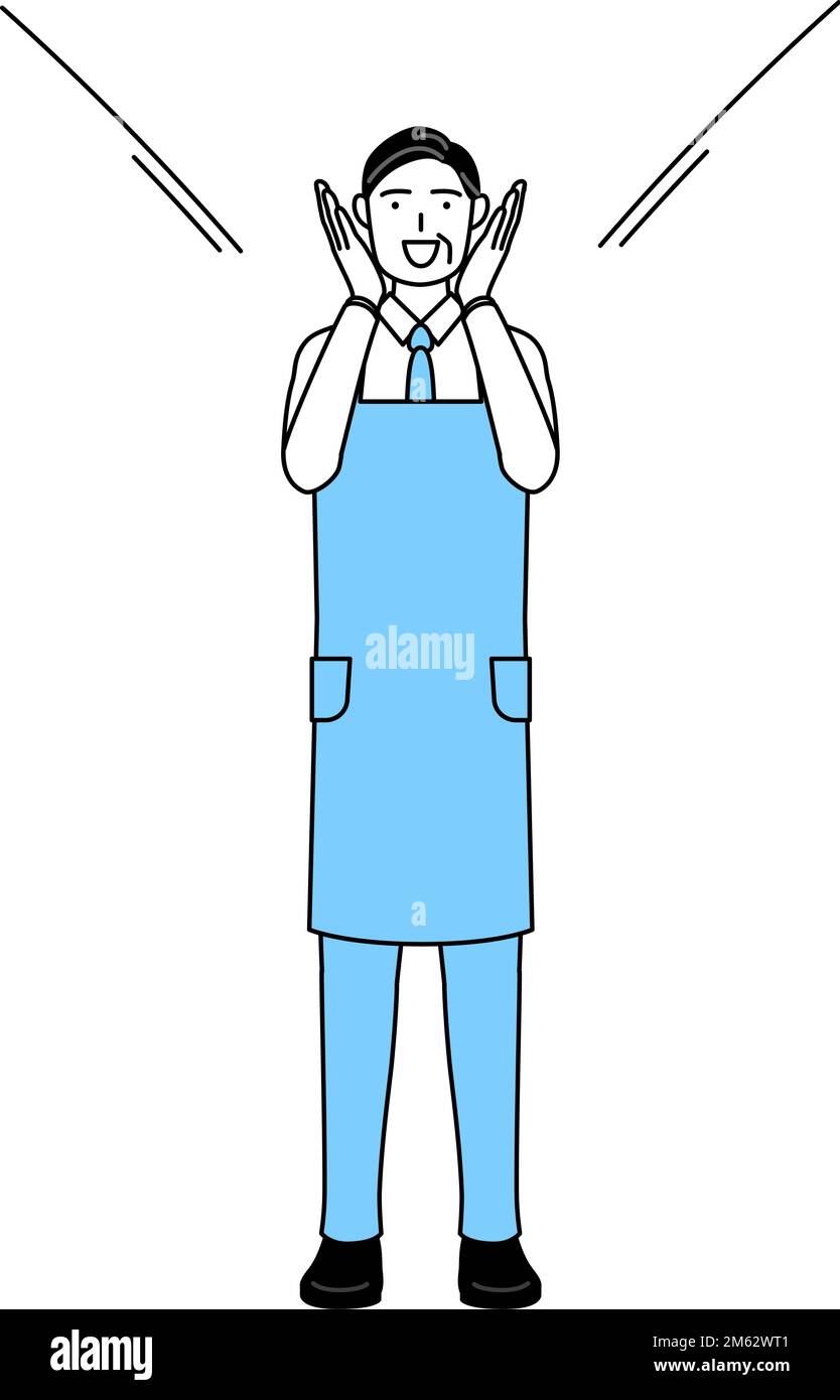 A senior man in an apron calling out with his hand over his mouth Stock ...