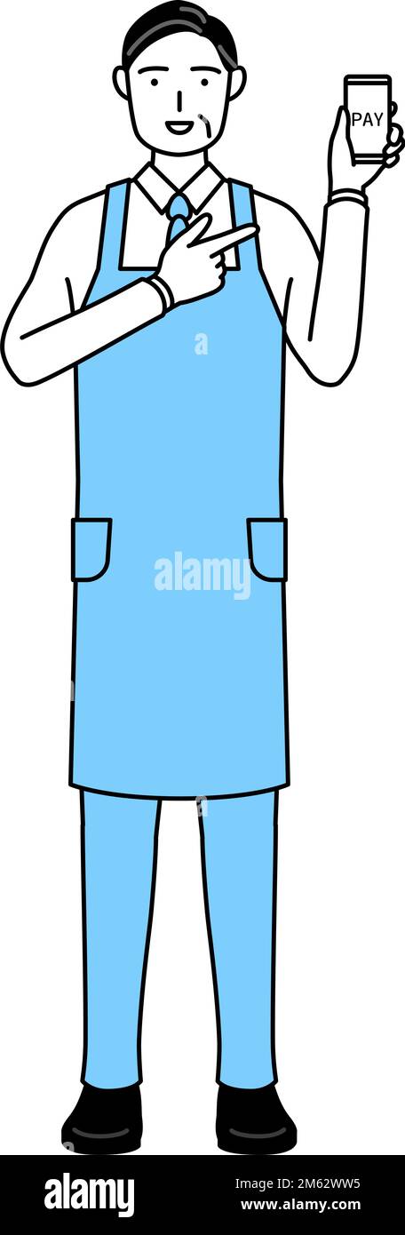 A senior man in an apron recommending cashless online payments on a ...