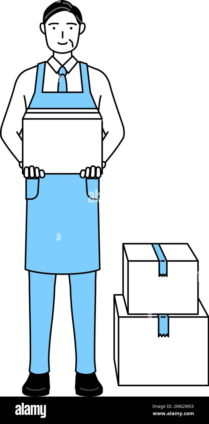 A senior man in an apron working to carry cardboard boxes Stock Vector ...