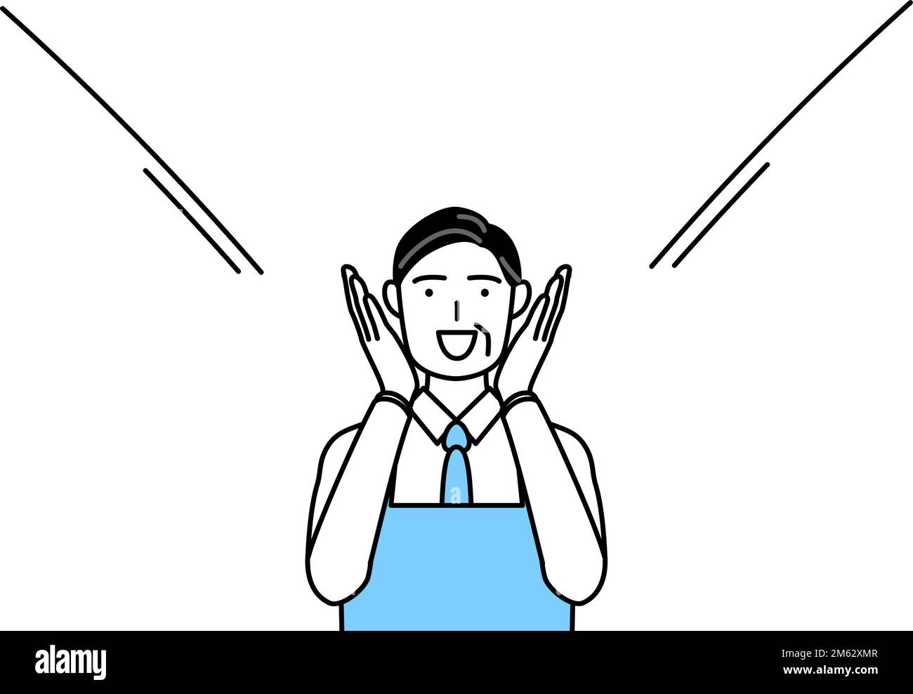A senior man in an apron calling out with his hand over his mouth Stock ...