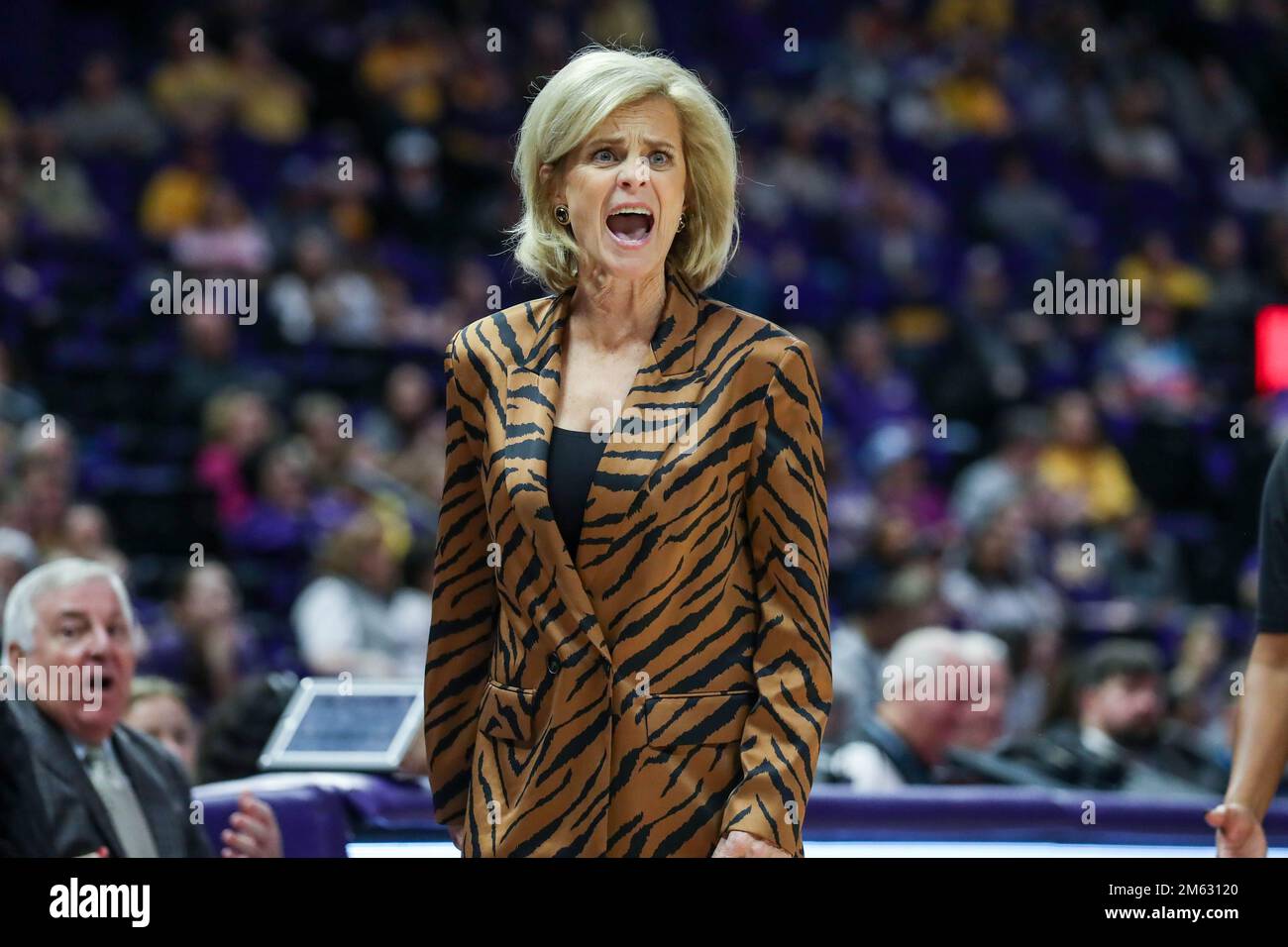 Baton Rouge, LA, USA. 1st Jan, 2023. LSU Head Coach Kim Mulkey yells ...