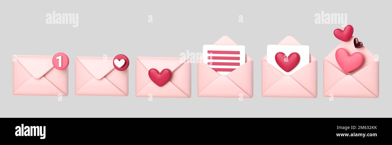 3d mail with pink heart icon set. Concept of love mail , Valentines day ...
