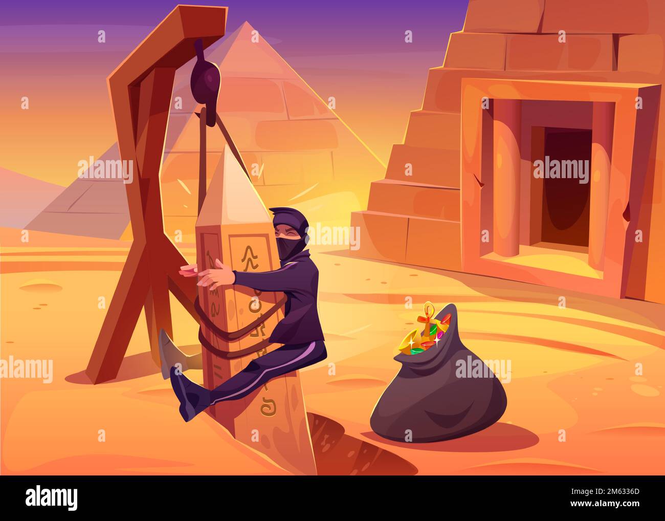 Stupid tomb robber in black trapped with sack full of antique treasures ...