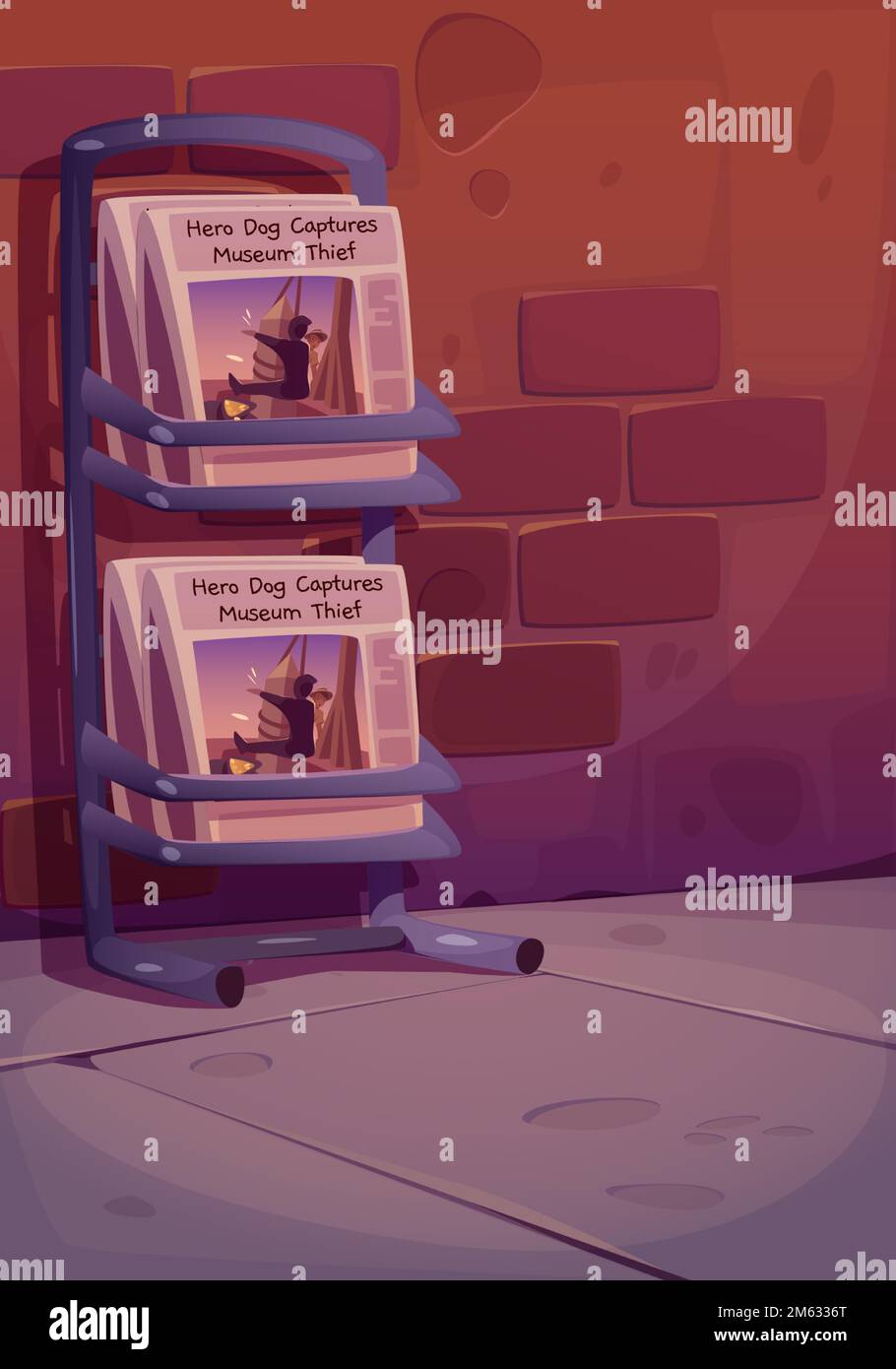 Street newsstand with newspapers on sidewalk against brick wall ...