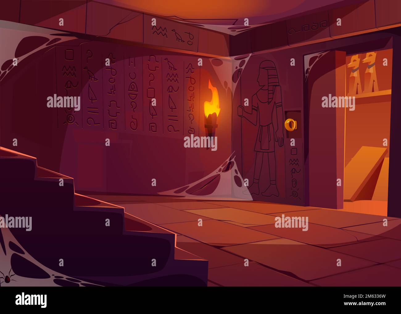 Ancient Egyptian pyramid treasury interior with open door. Cartoon ...