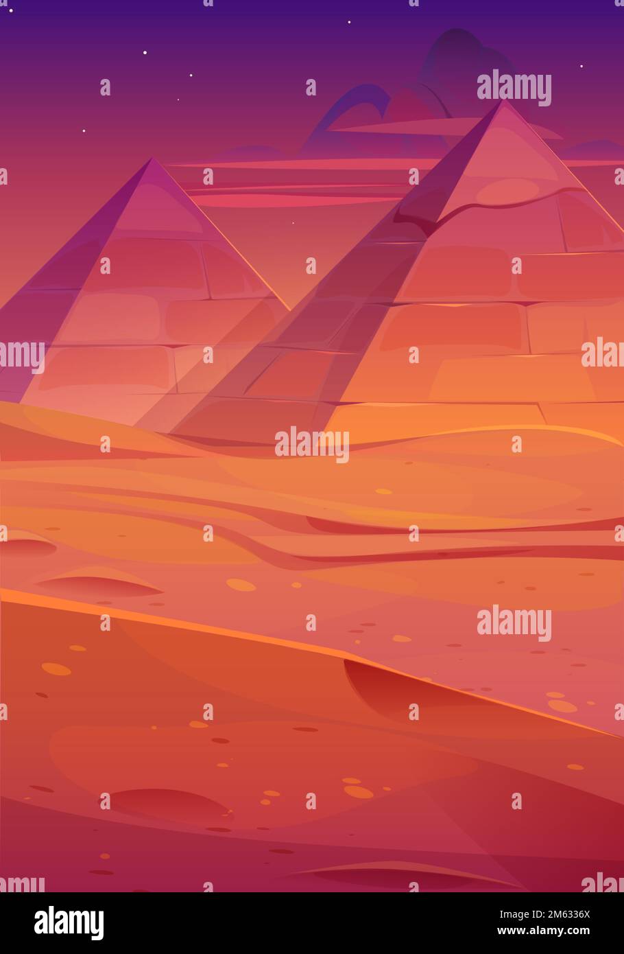 Ancient Egyptian pyramids at dusk. Cartoon vector illustration of ...