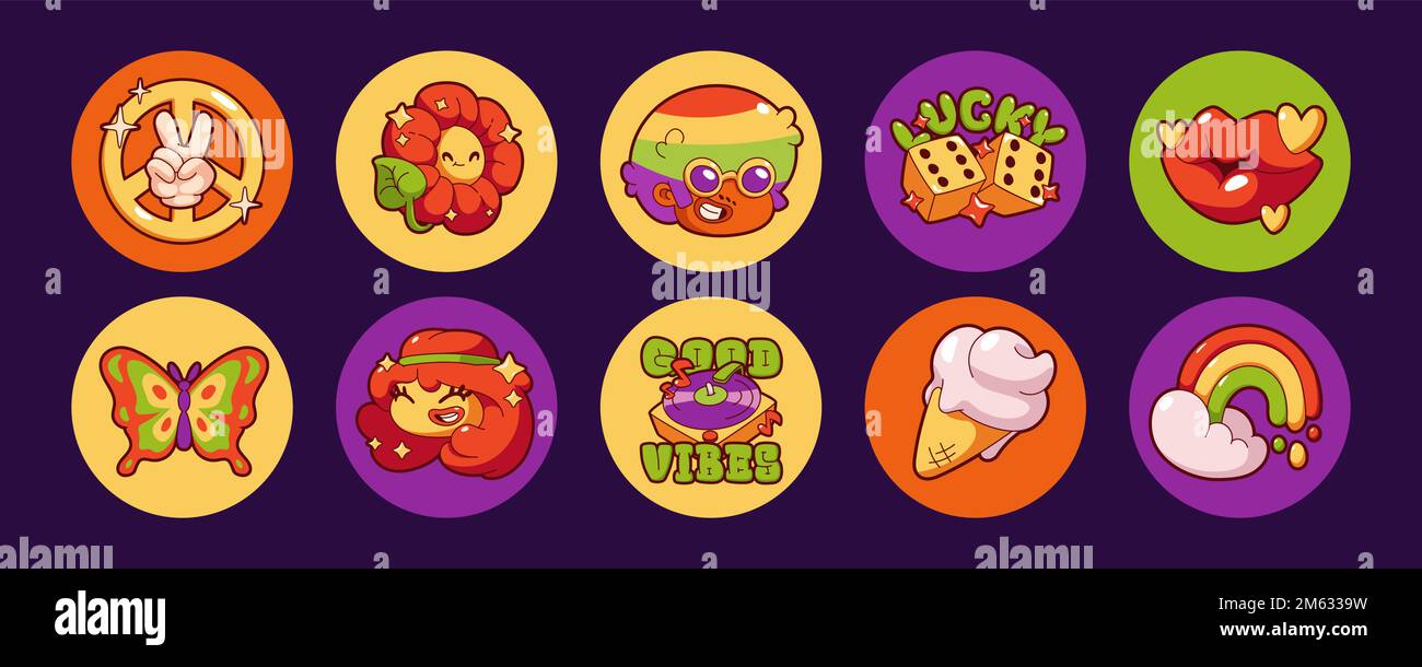 Retro groovy icons with hippie characters, flower, butterfly, rainbow ...