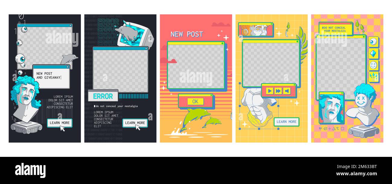 Set of social media app design templates for mobile gadget, black and ...