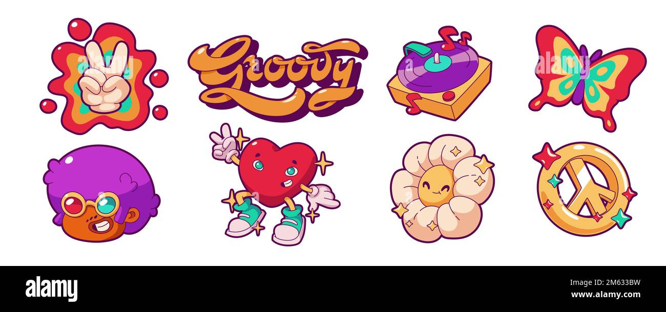 Set of vintage groovy stickers isolated on white background. Vector ...