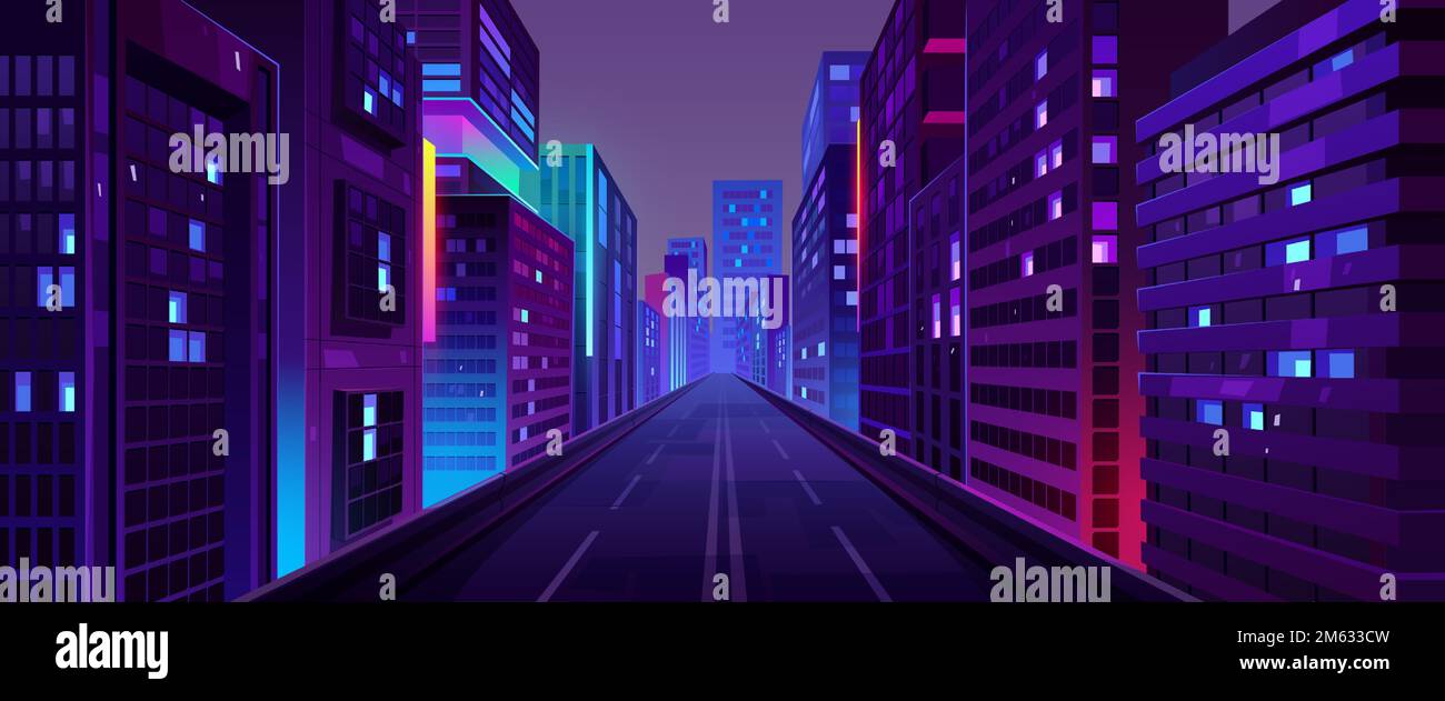 City street with houses and buildings with glowing windows at night ...