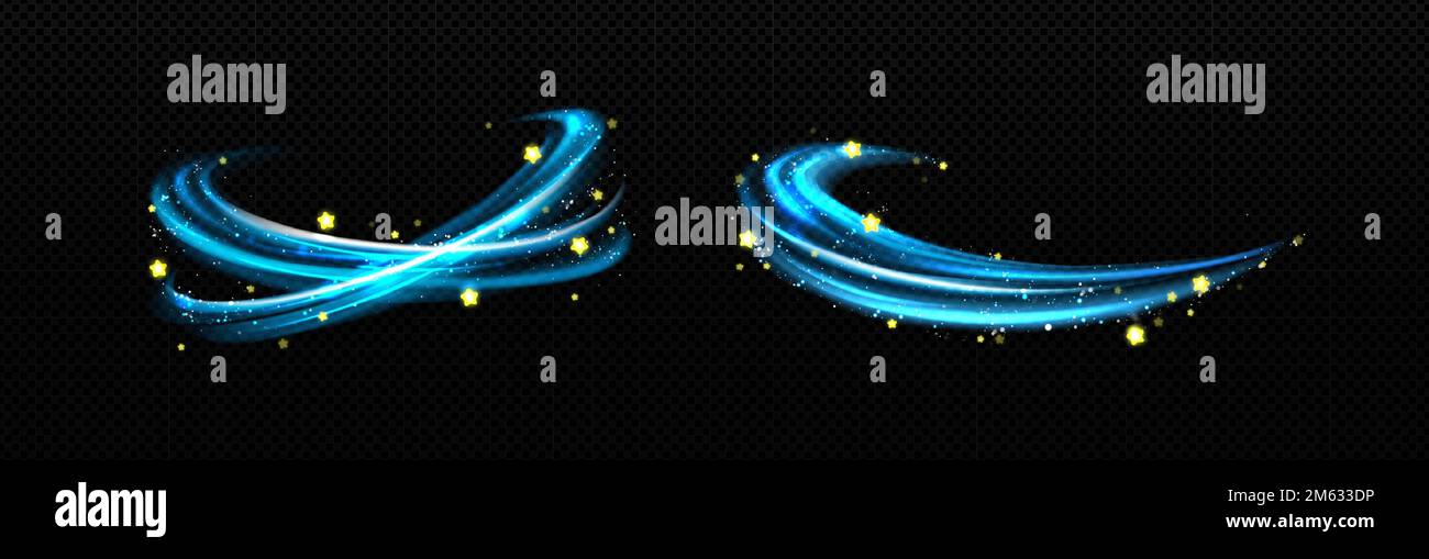Magic light effect, blue air or wind flow with golden stars. Glow swirl ...