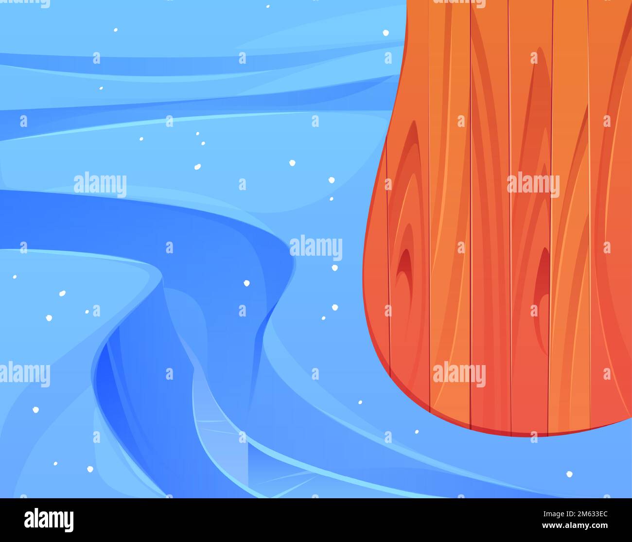 Top view of wooden pier or bridge on abstract light blue ice, snow or ...