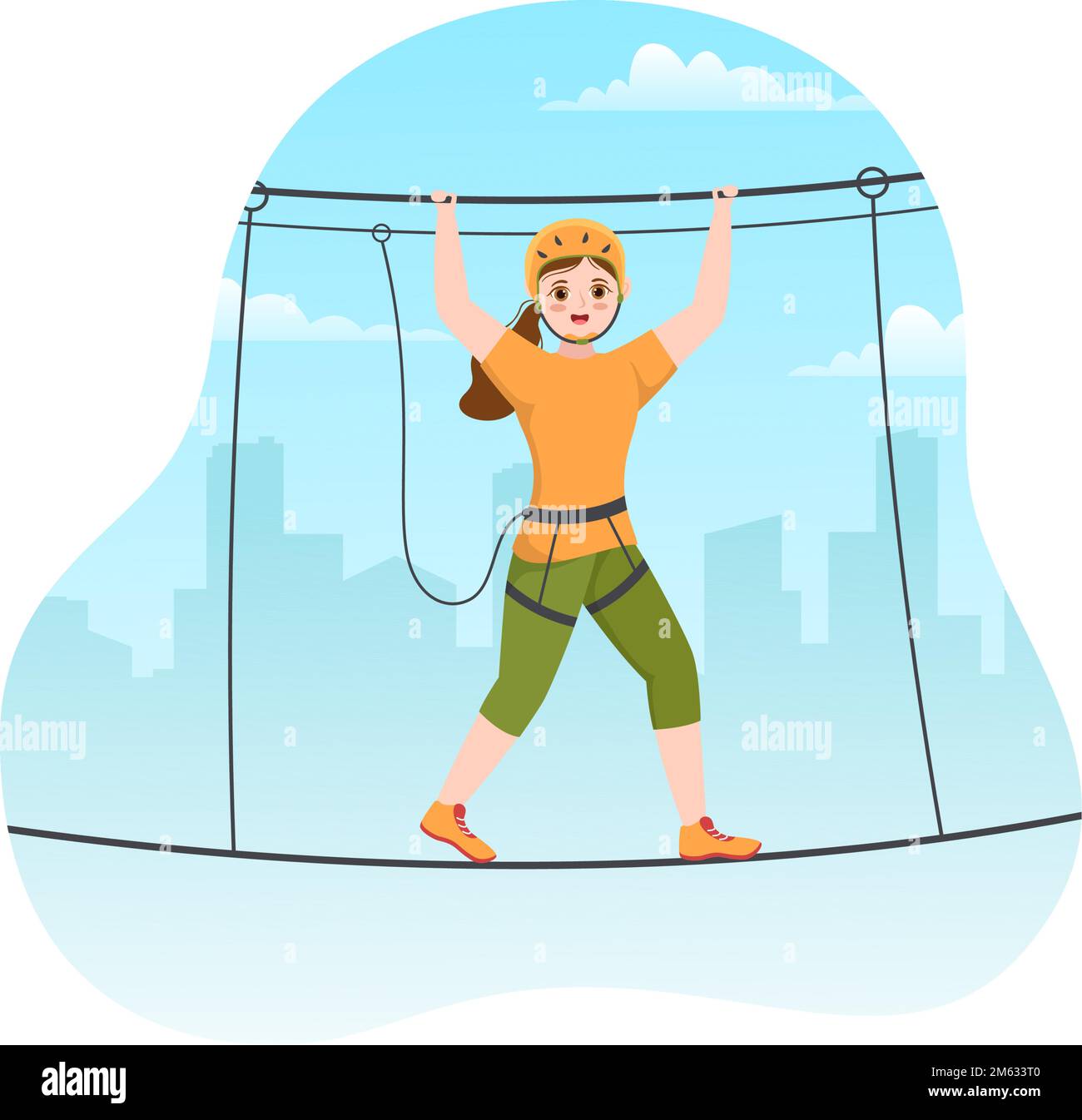 Zip Line Illustration with Visitors Walking on an Obstacle Course and ...