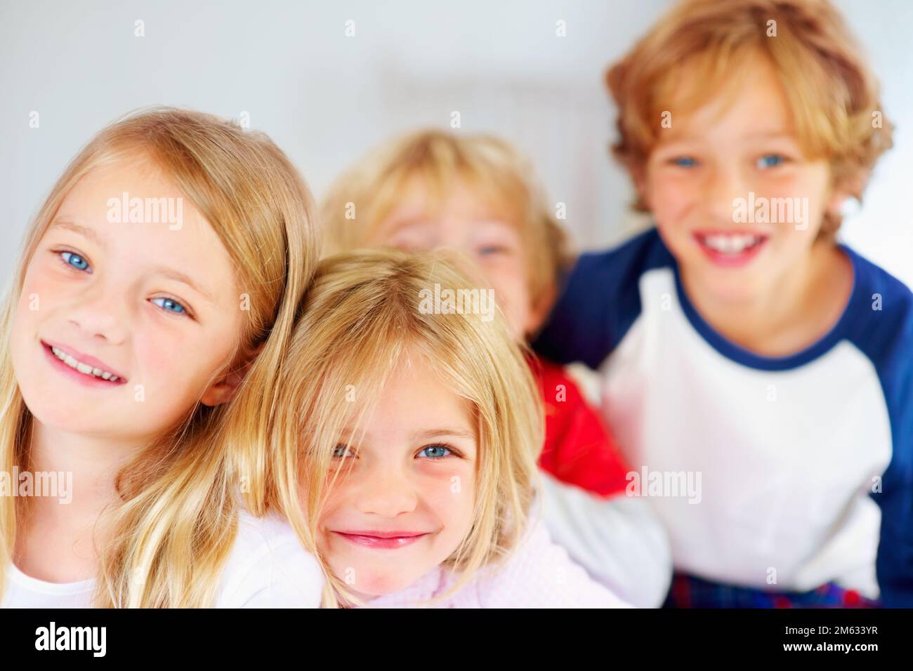 Happy family of four children spending time together. Portrait of happy ...