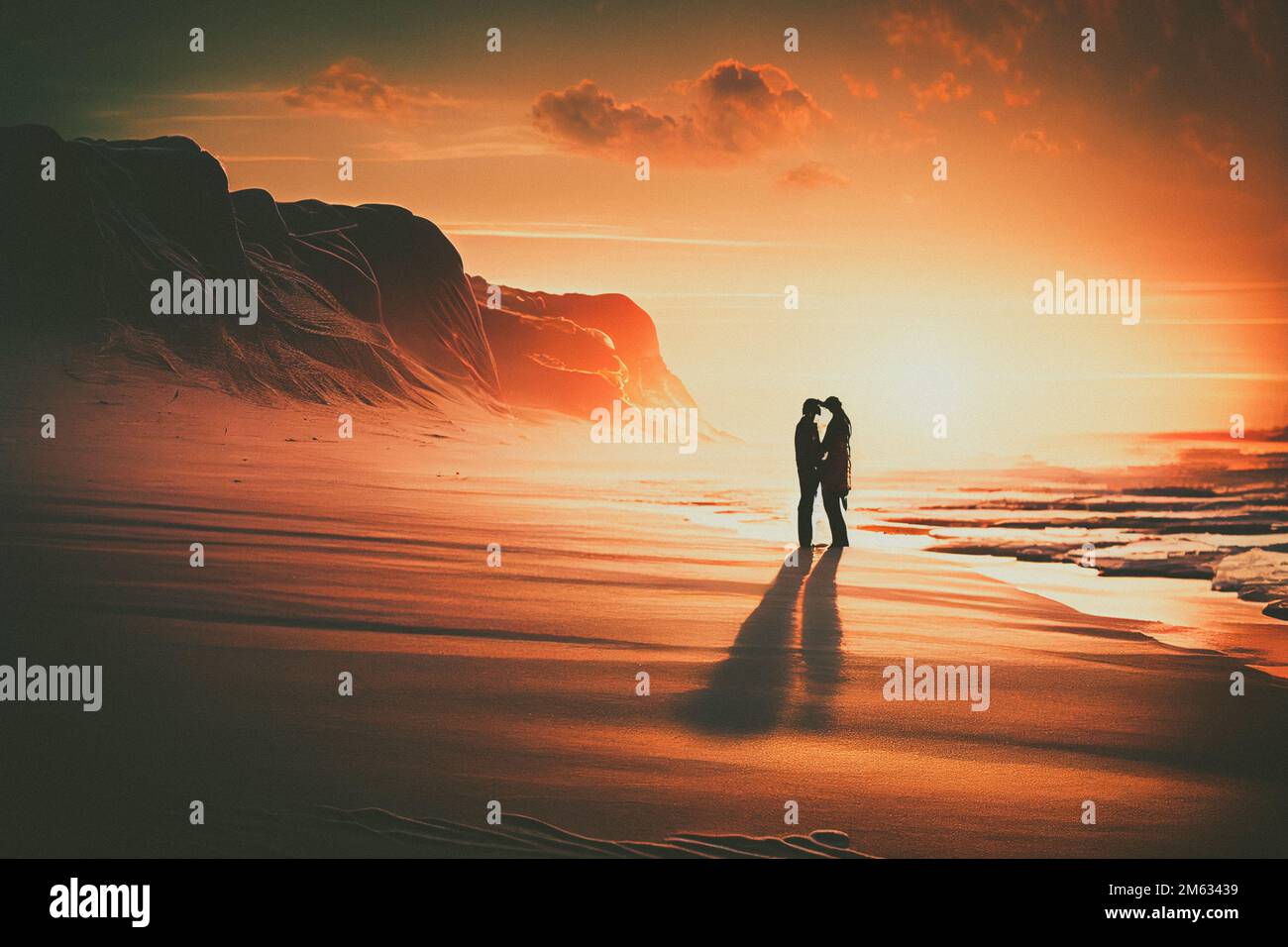 Golden sunlight illuminates a romantic kiss between a couple on a ...