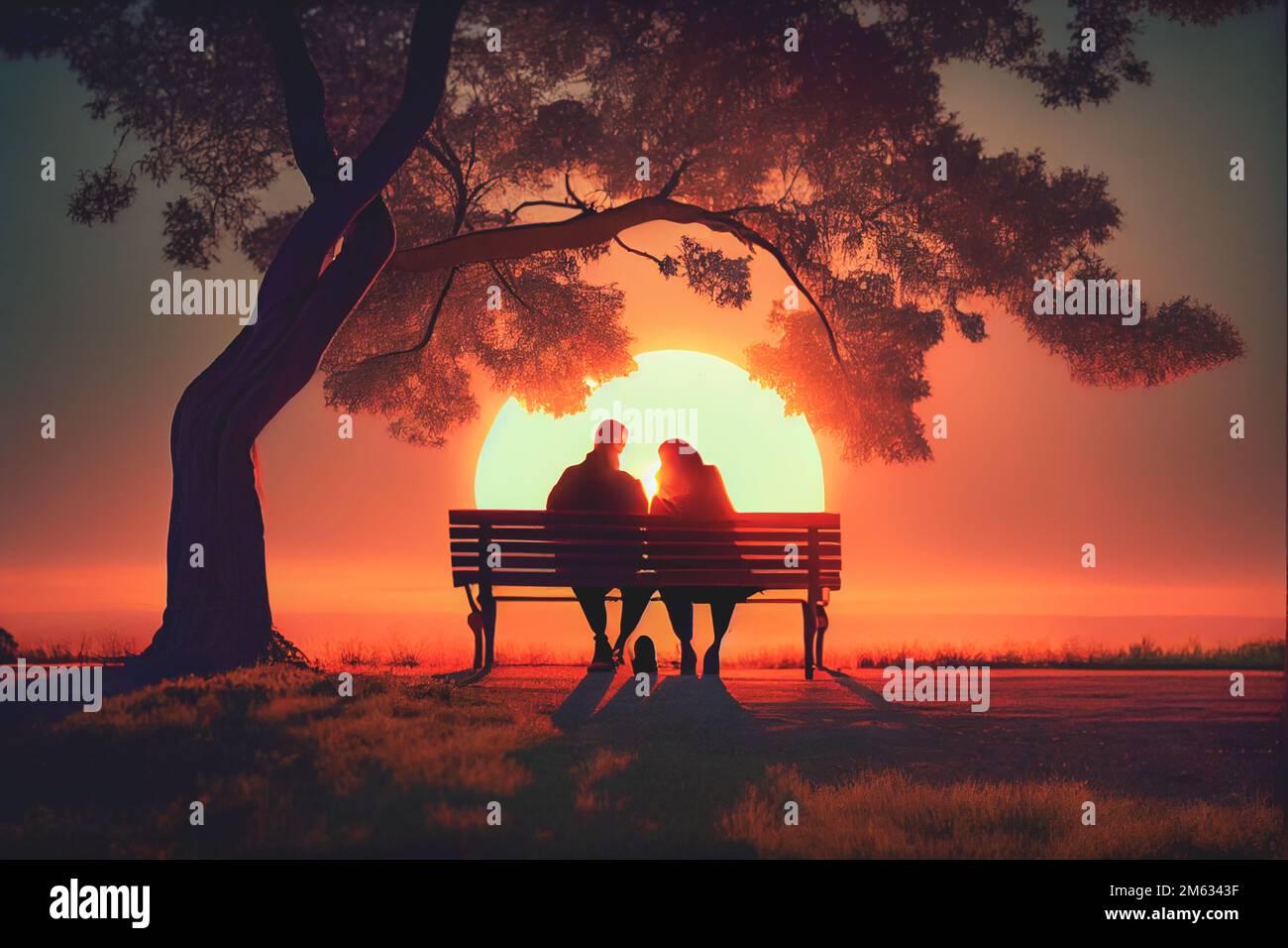 Romantic couple sits on a park bench, embracing and enjoying the ...