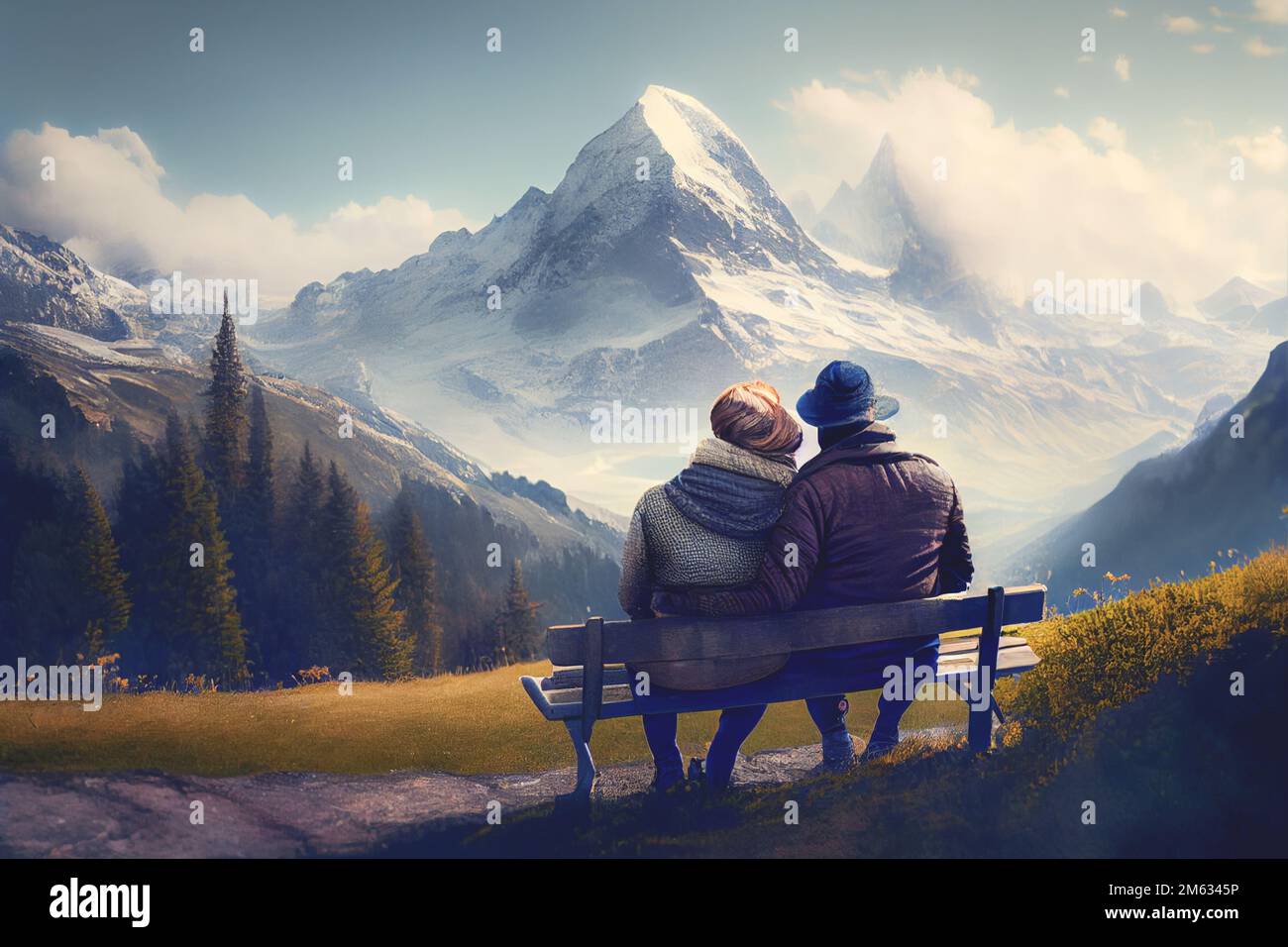 Loving couple sits on bench, embracing as they take in the breathtaking ...