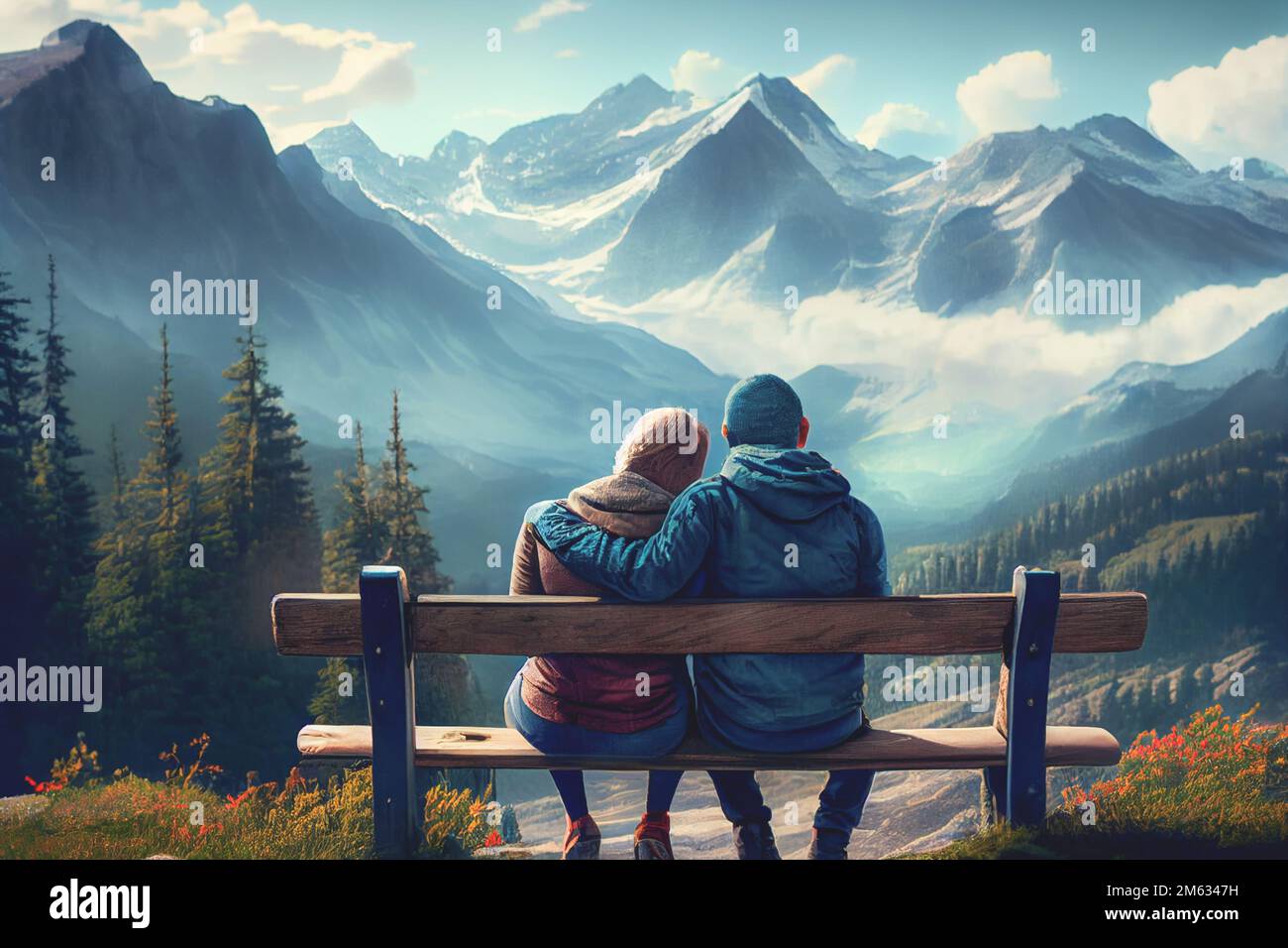 Loving couple sits on bench, embracing as they take in the breathtaking ...