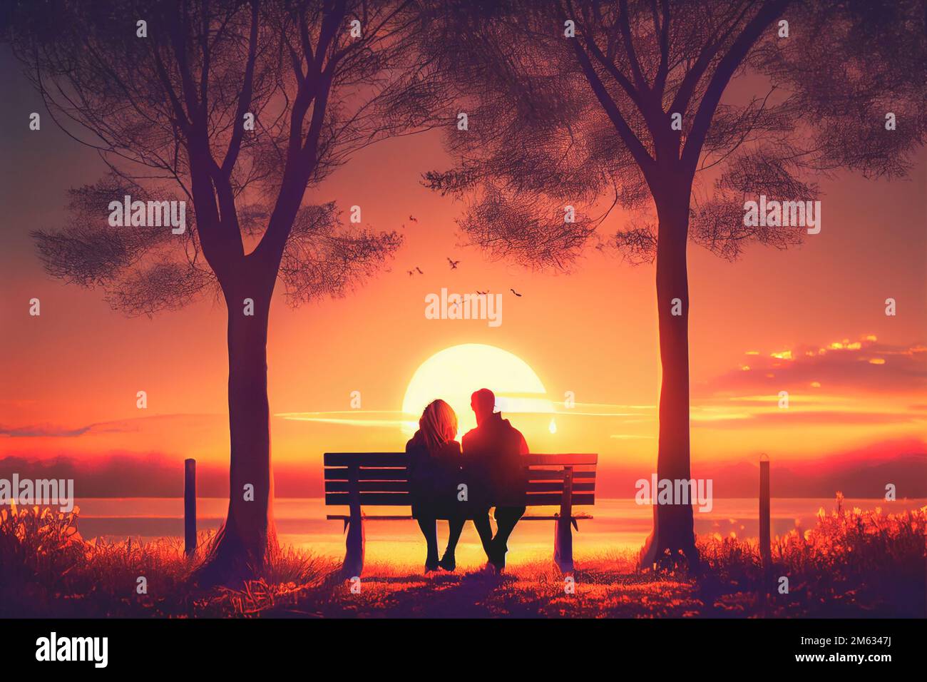 Romantic couple sits on a park bench, embracing and enjoying the ...