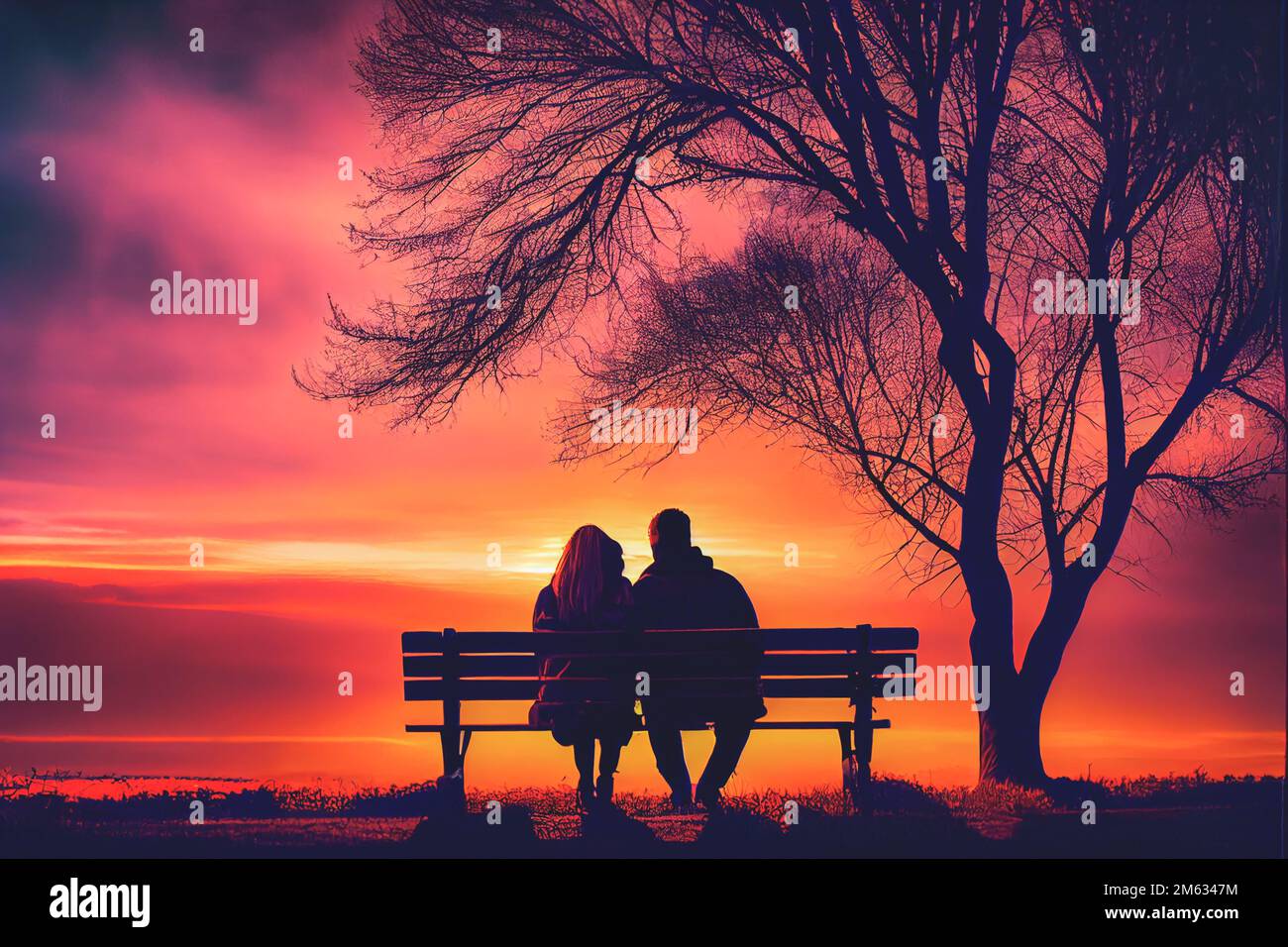 Romantic couple sits on a park bench, embracing and enjoying the ...