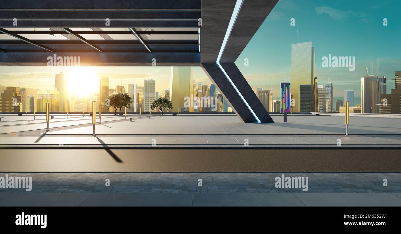 Perspective view of empty street and modern rooftop building with ...