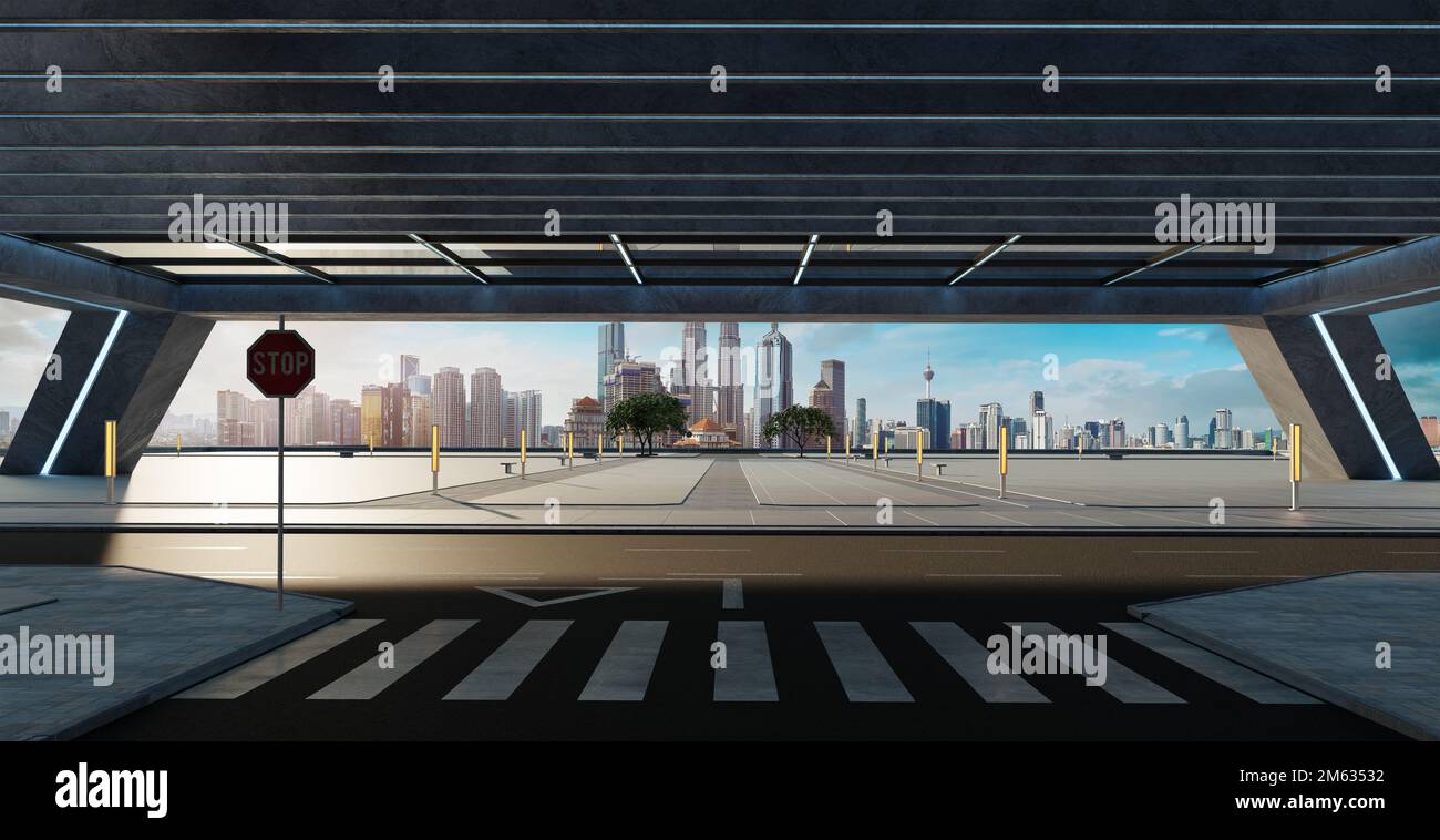 Perspective view of empty street and modern rooftop building with ...