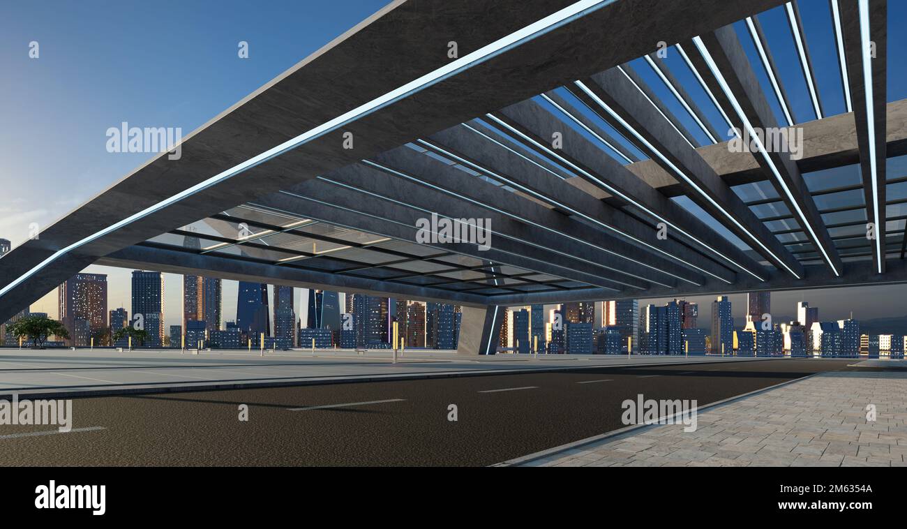 Perspective view of empty street and modern rooftop building with ...