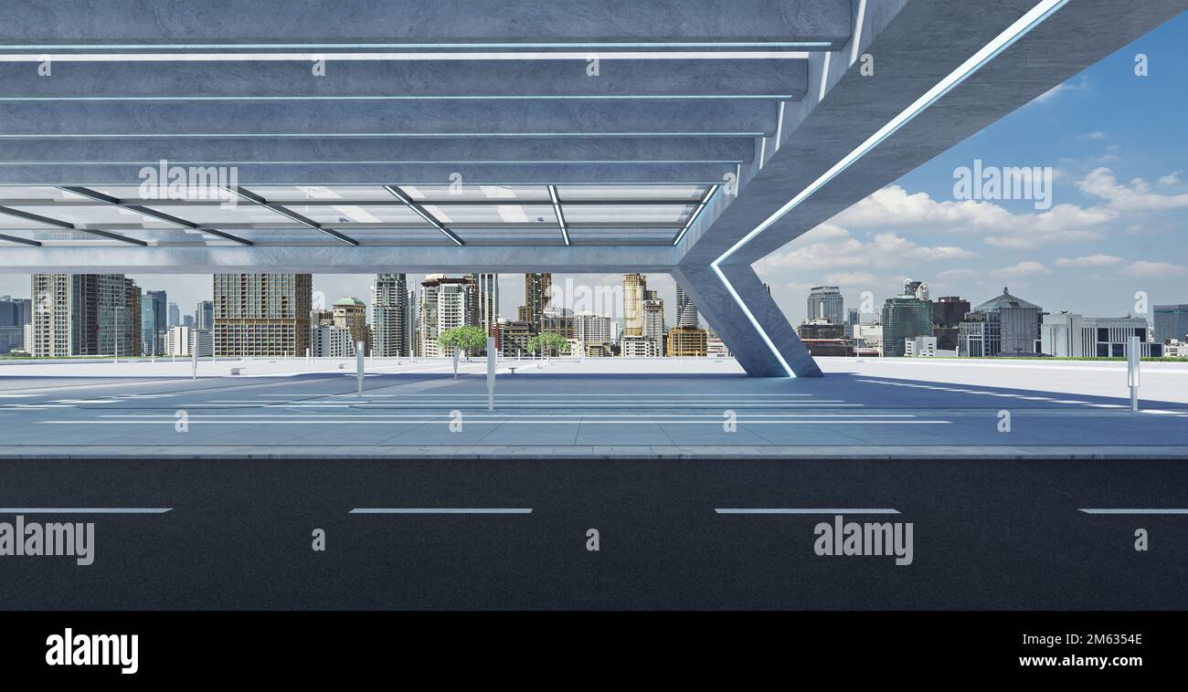 Perspective view of empty street and modern rooftop building with ...