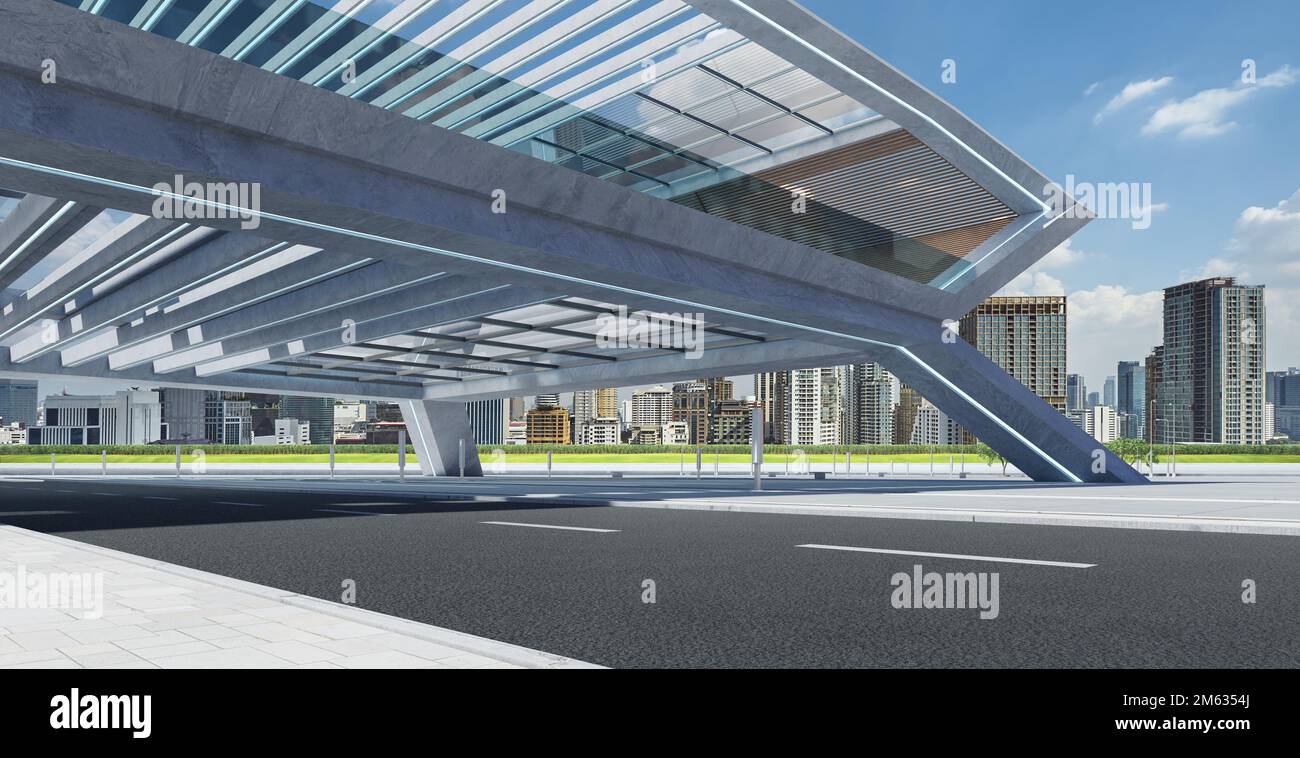 Perspective view of empty street and modern rooftop building with ...