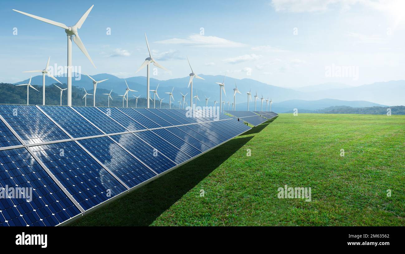 Solar panels and wind generators under blue sky. Eco, clean ...