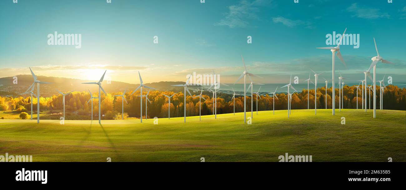 Wind turbines in a field with beautiful landscape. Sustainable ...