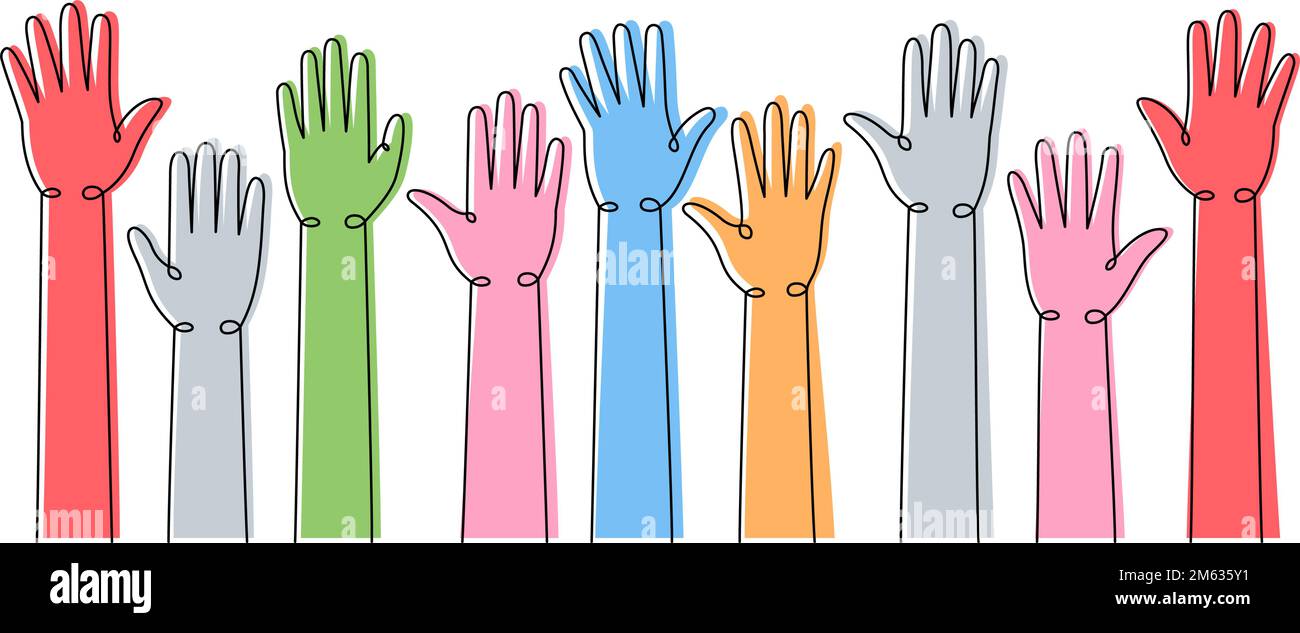 Hands raised up one line colored continuous drawing. Collaboration ...