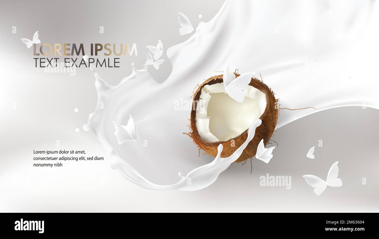 Coconut milk splash swirl realistic vector background. White liquid ...
