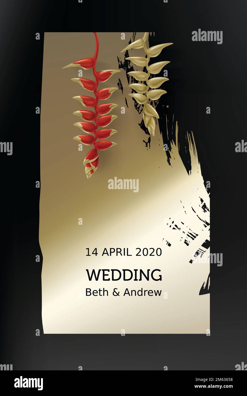 Tropical gold red plants on dark black background vector. Beautiful ...