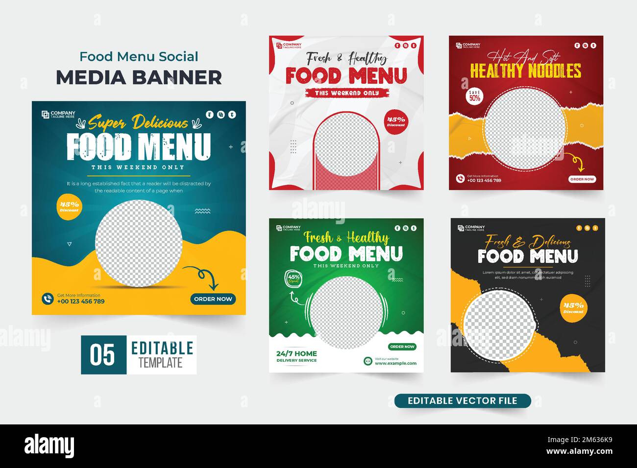 Food menu social media post collection with blue and red colors ...