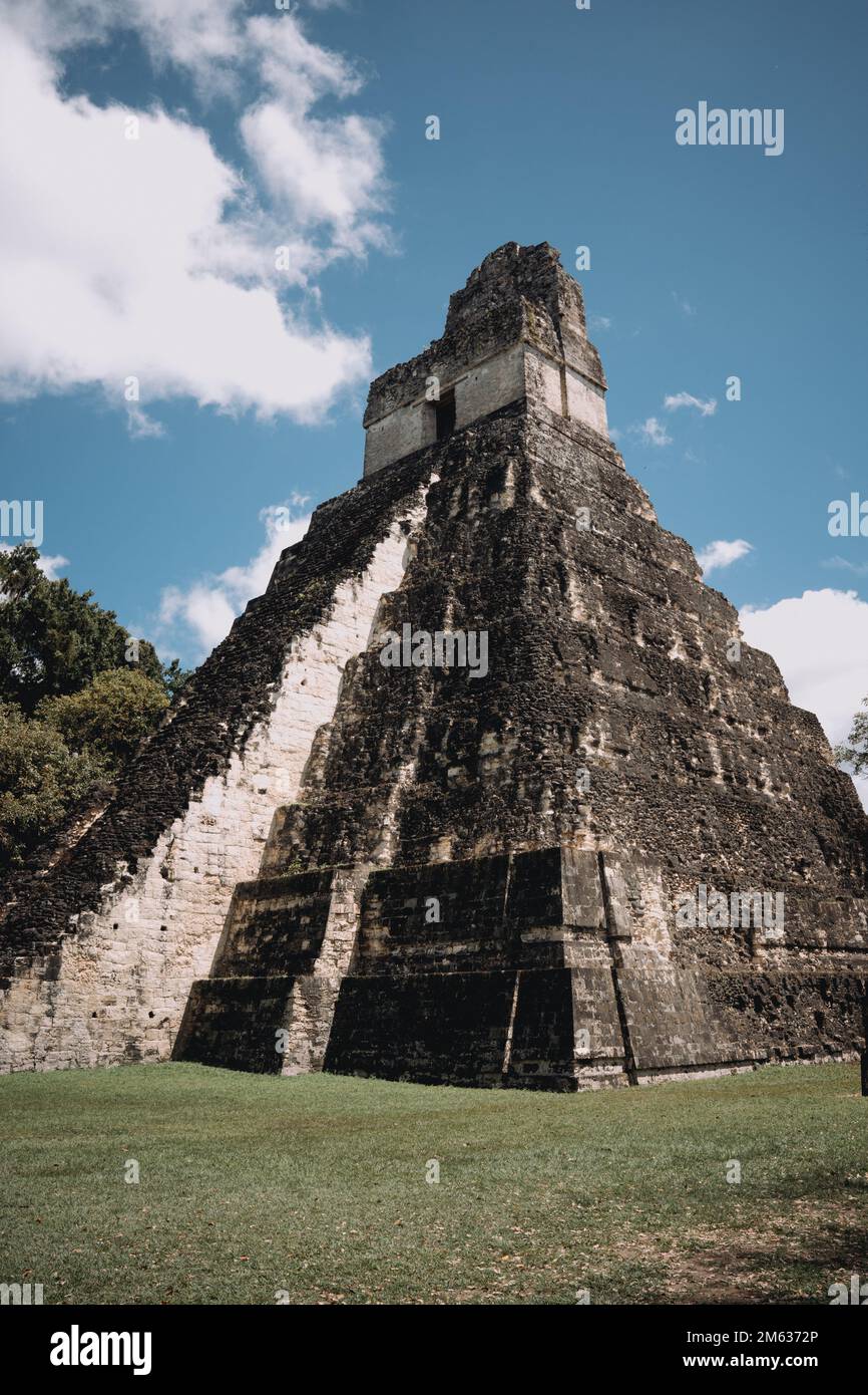 Low angle of ancient limestone Tikal Temple I on grassy field at ...