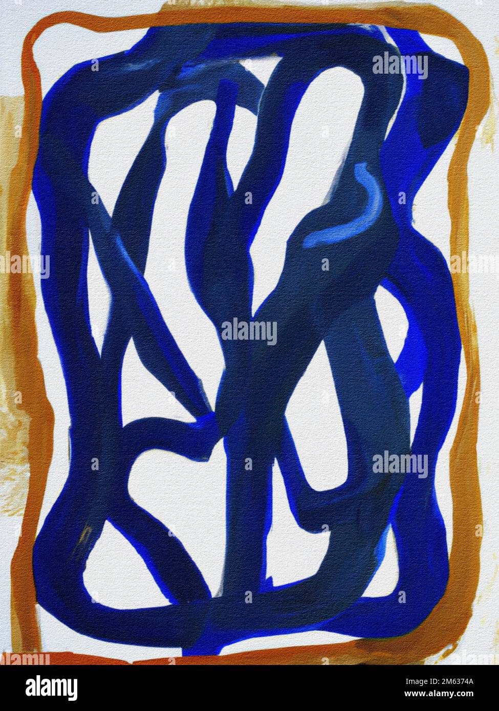 Abstract illustration of blue curvy lines in brown frame painted on ...