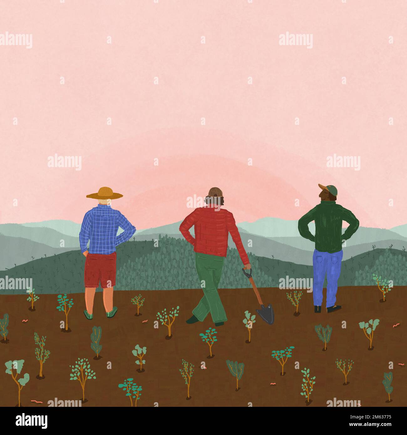 Vector illustration of back view of unrecognizable male farmers with ...
