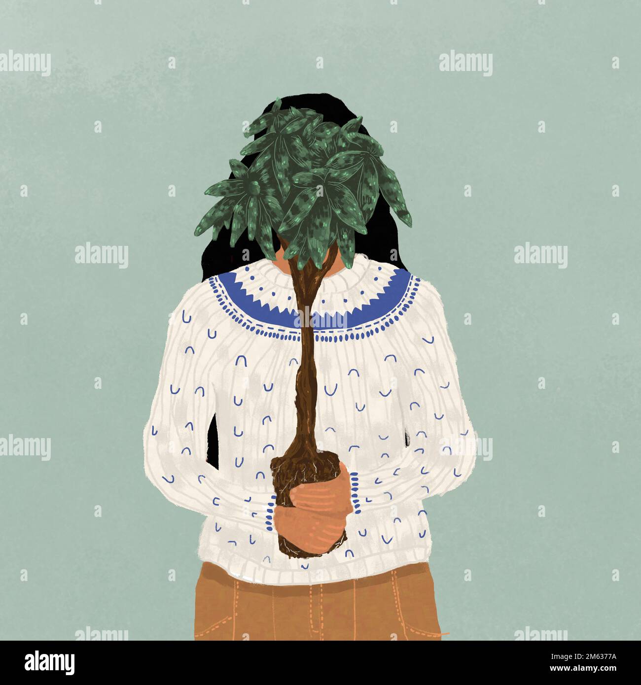 Creative vector illustration of anonymous female with long black hair ...