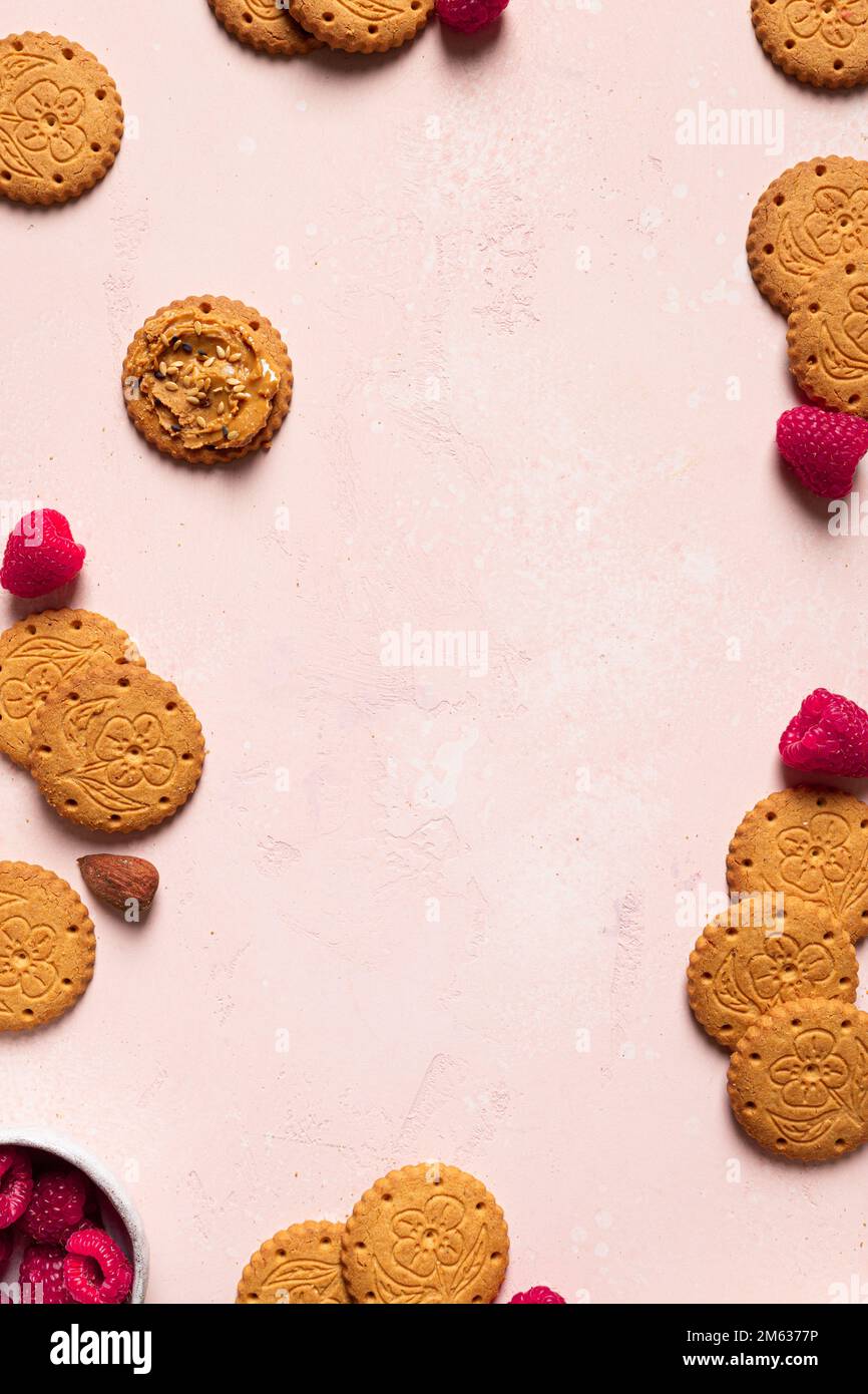 Top view of appetizing crispy biscuits with peanut butter with sesame ...