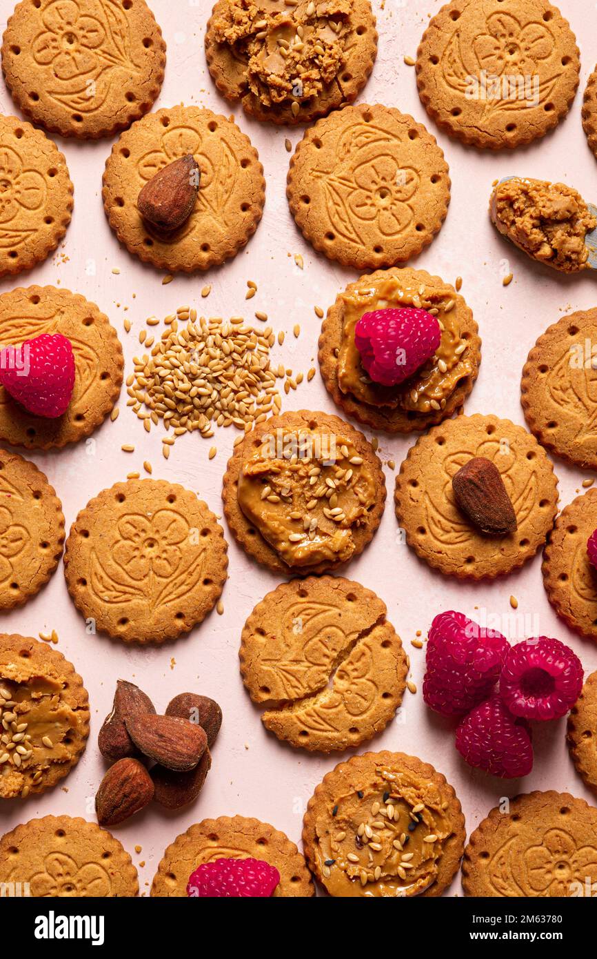 Top view of appetizing crispy biscuits with peanut butter with sesame ...
