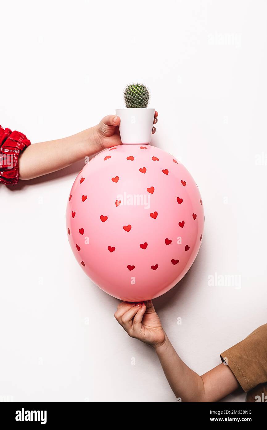 Anonymous kid putting potted cactus on top of pink balloon with hearts ...