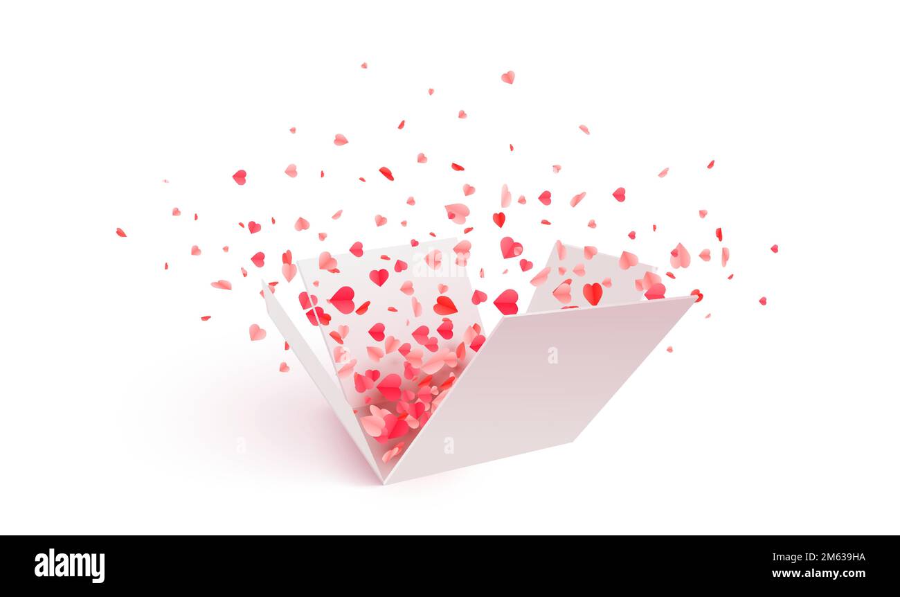 Open Gift Box with Hearts Confetti Burst. Valentines Day. Vector Design ...