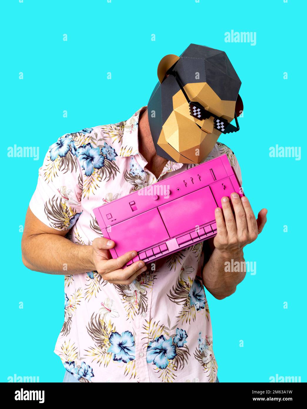 Anonymous young guy in floral shirt and creative pixel monkey mask with ...