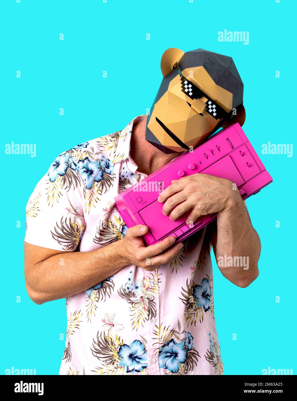 Anonymous young guy in floral shirt and creative pixel monkey mask with ...