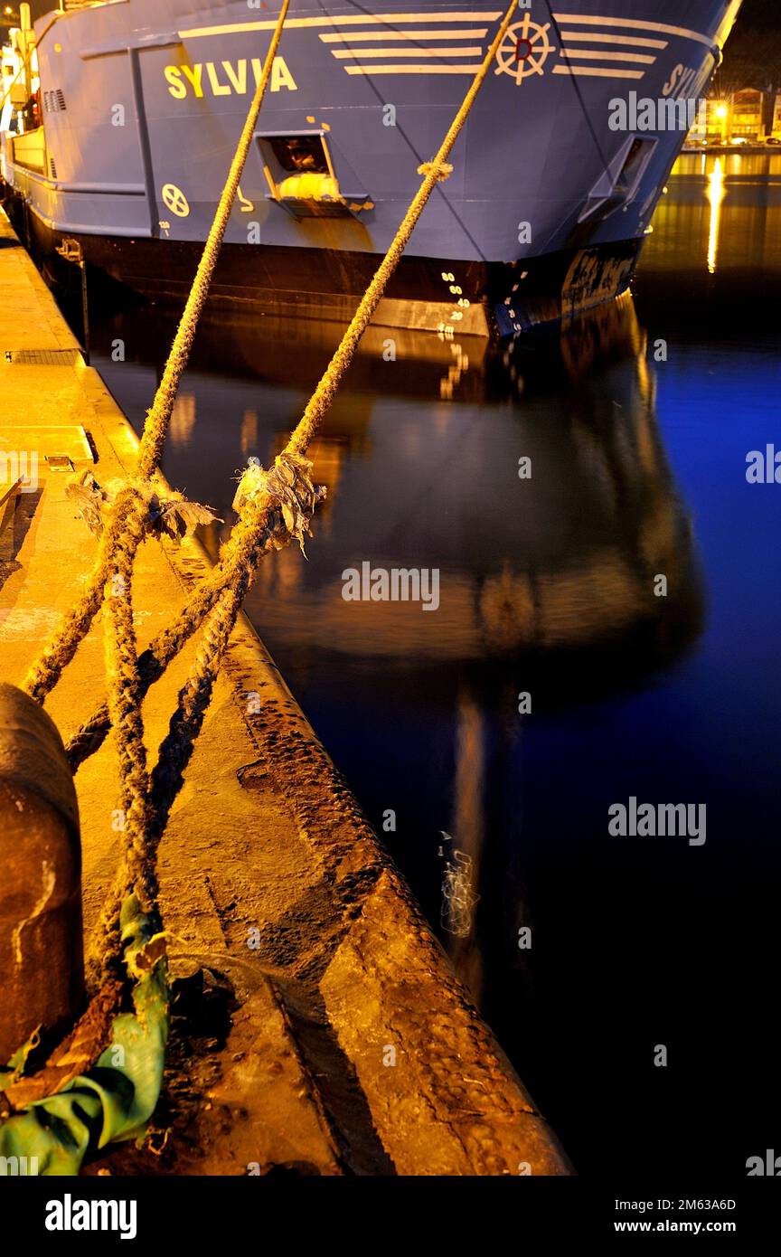 Ship moored to a Bollard at the port of Pasajes, Donostia, Basque ...